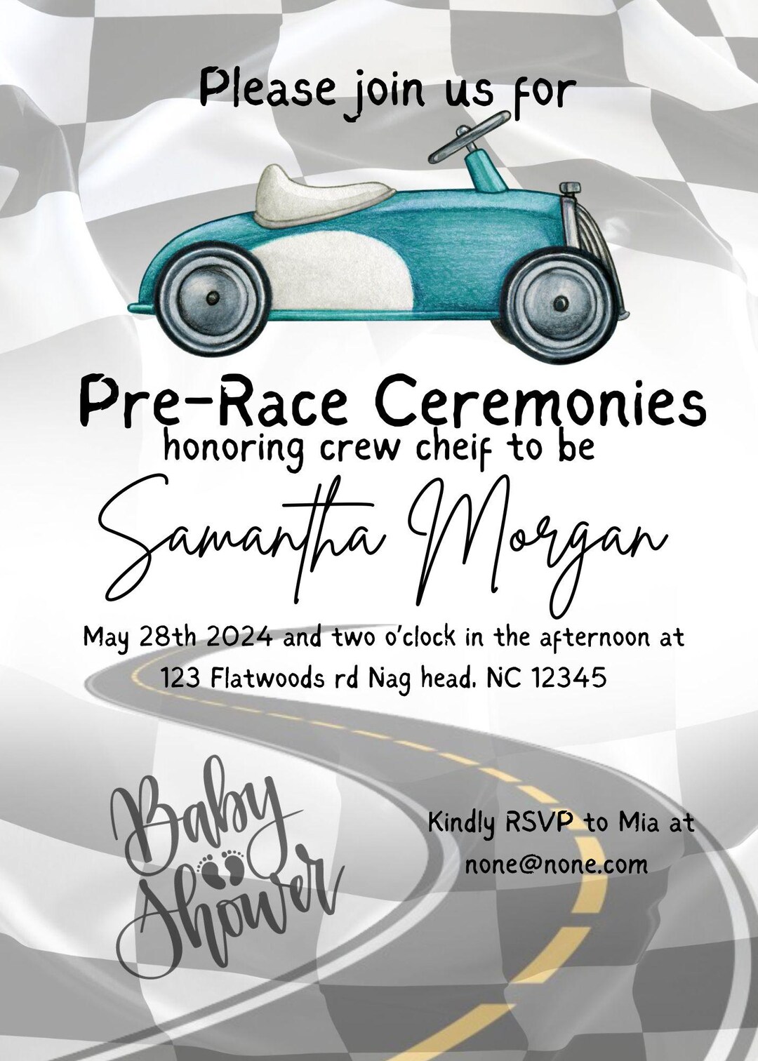 Racing Themed Baby Shower Invitations Checkered Flag Design Fast Track ...