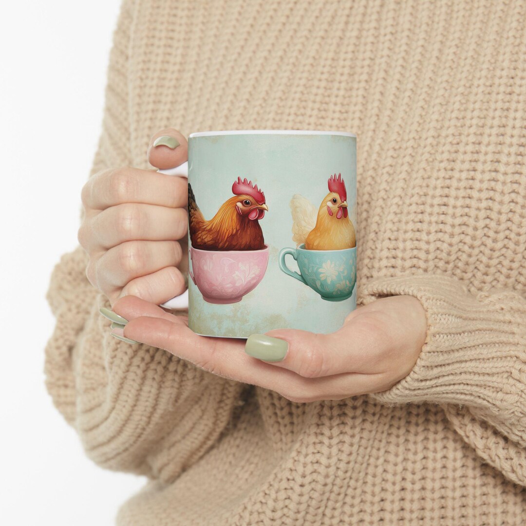 Chicken Teacup Mug, Cute Farm Animal Coffee Cup, Ceramic Tea Mug for ...