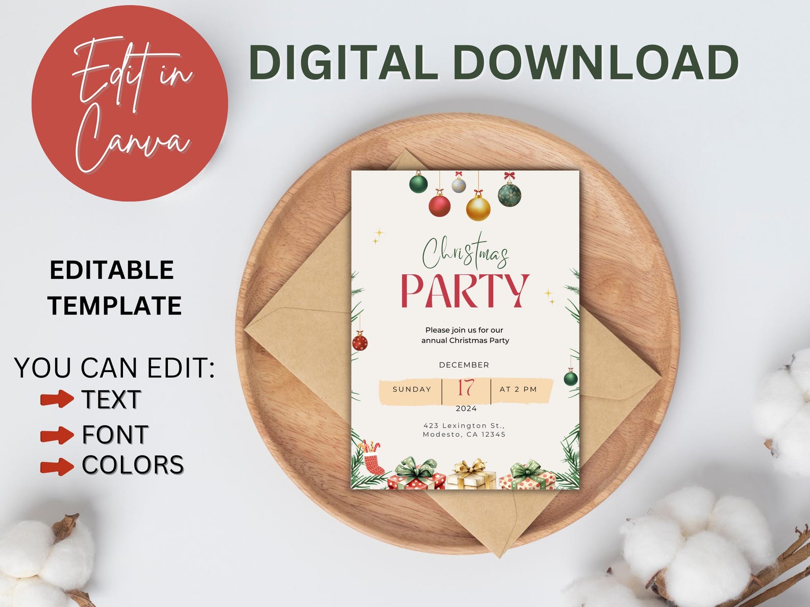 Rustic Christmas Party Invitation Template, Holiday Ornament (digital ...