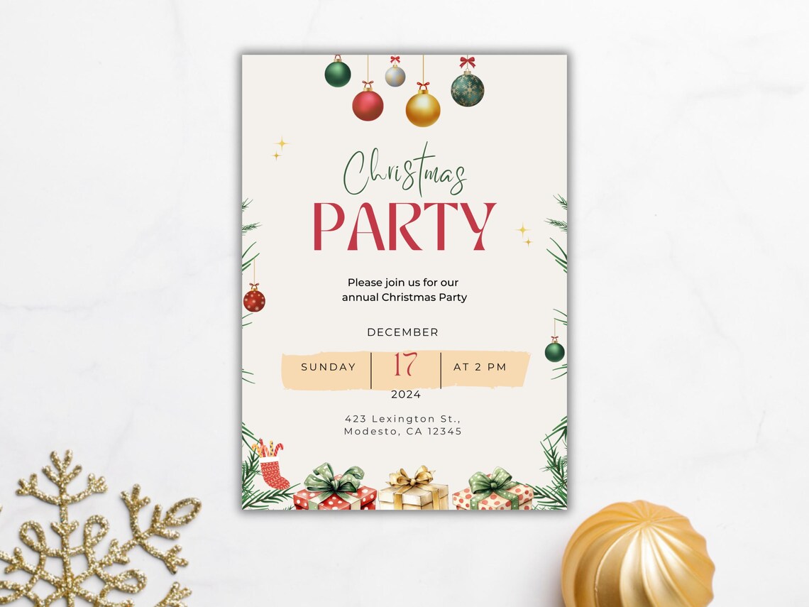 Rustic Christmas Party Invitation Template, Holiday Ornament (digital ...