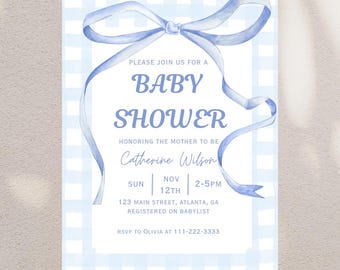 Blue Checkered Baby Shower Invitation: Editable Canva Template (digital ...