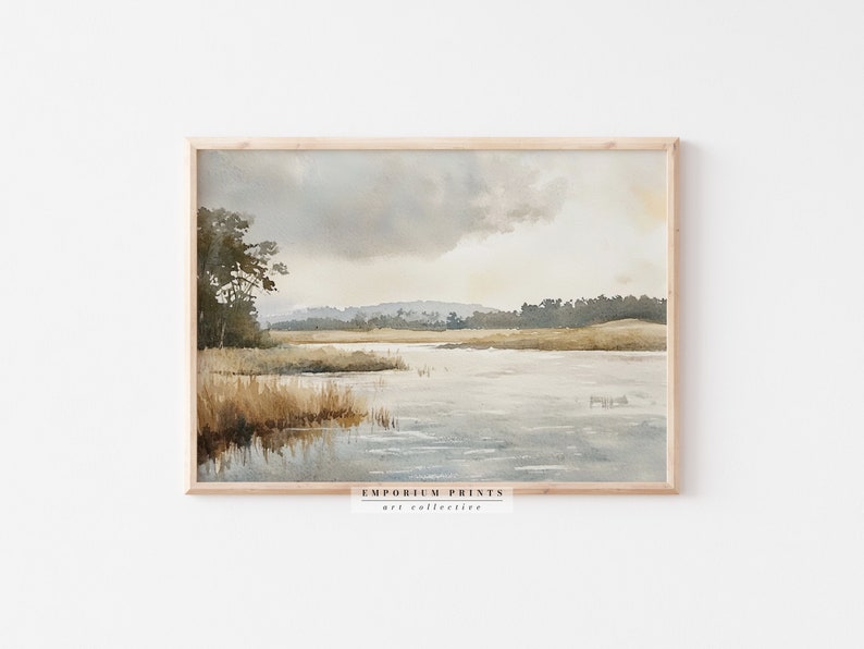 Printable Watercolor Lake Painting | Muted Green Landscape Wall Art ...