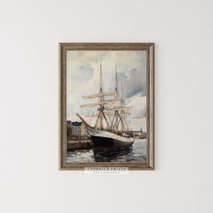Vintage Maritime Dock Scene | Ship and Coastal Town Printable Art ...