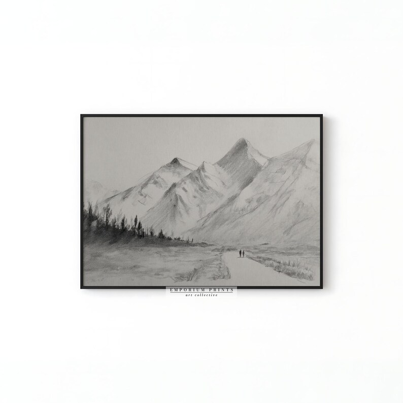 Mountain Road Pencil Sketch | PRINTABLE Vintage Ink Landscape Wall Art ...