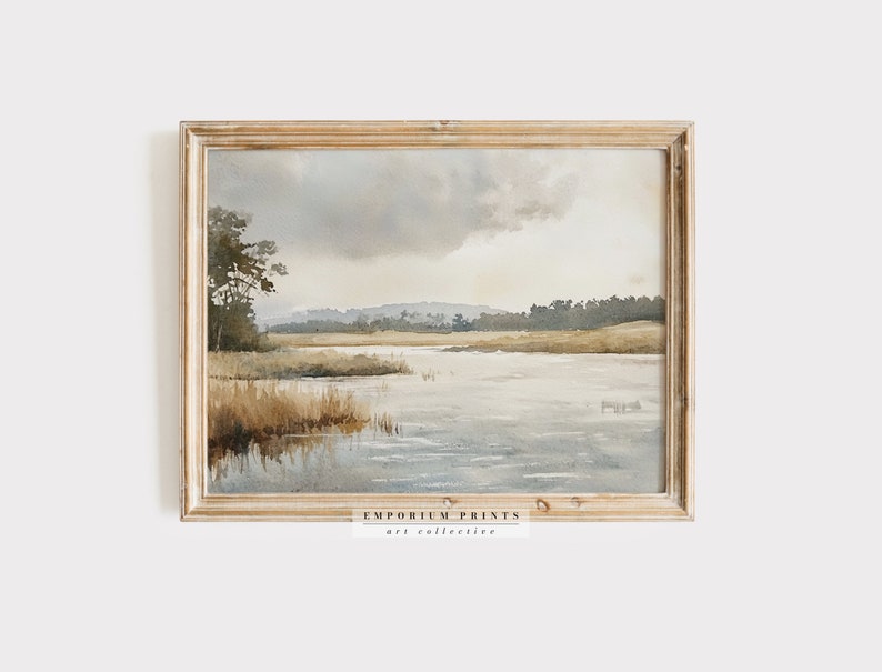Printable Watercolor Lake Painting | Muted Green Landscape Wall Art ...