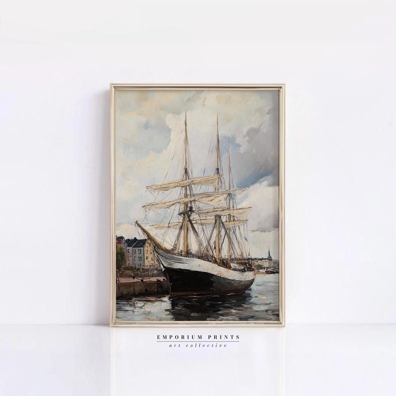 Vintage Maritime Dock Scene | Ship and Coastal Town Printable Art ...