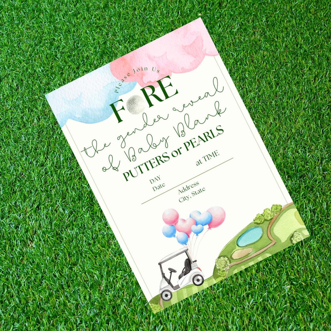 Golf Themed Gender Reveal Invitation Template: Putters or Pearls ...
