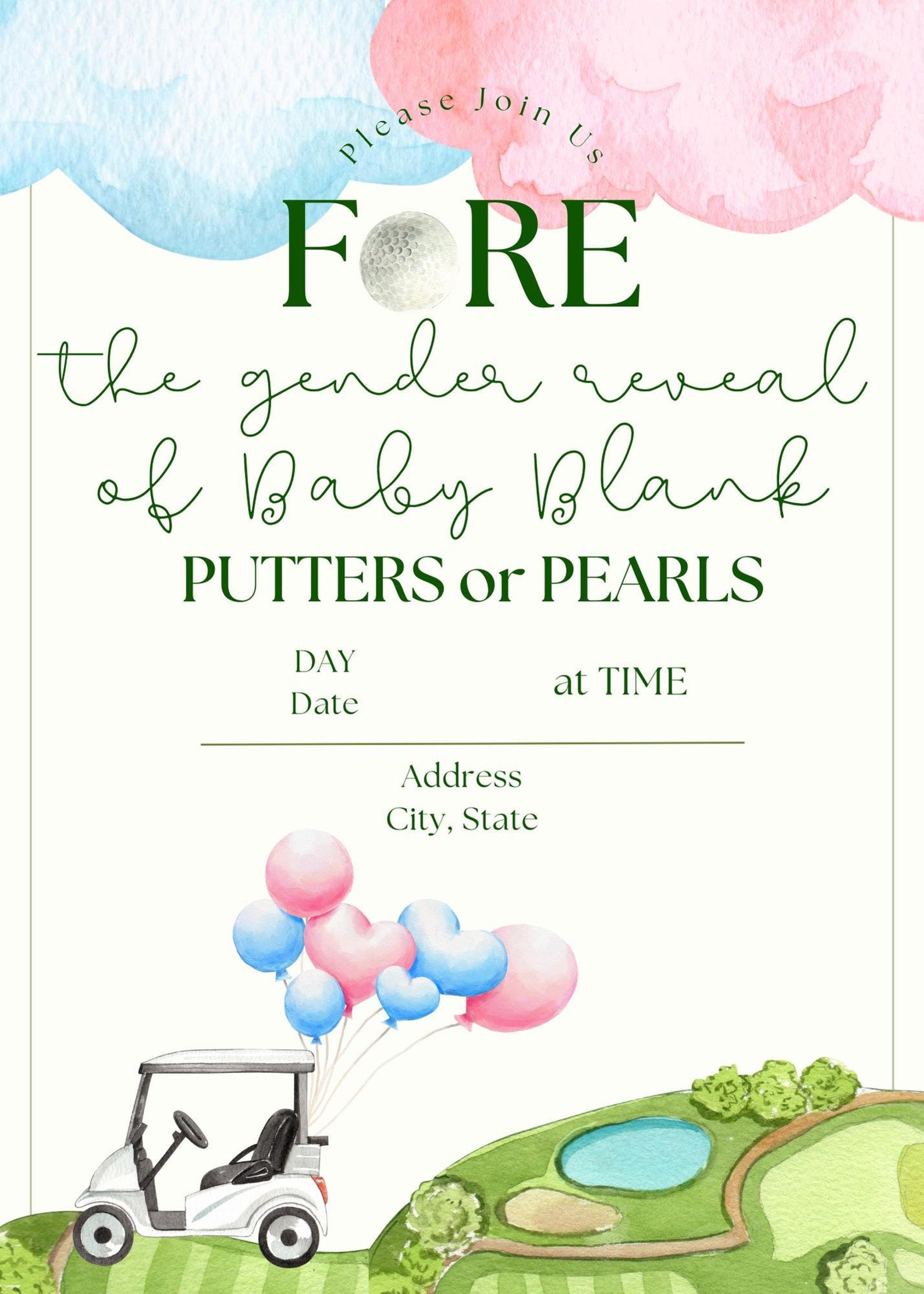Golf Themed Gender Reveal Invitation Template: Putters or Pearls ...