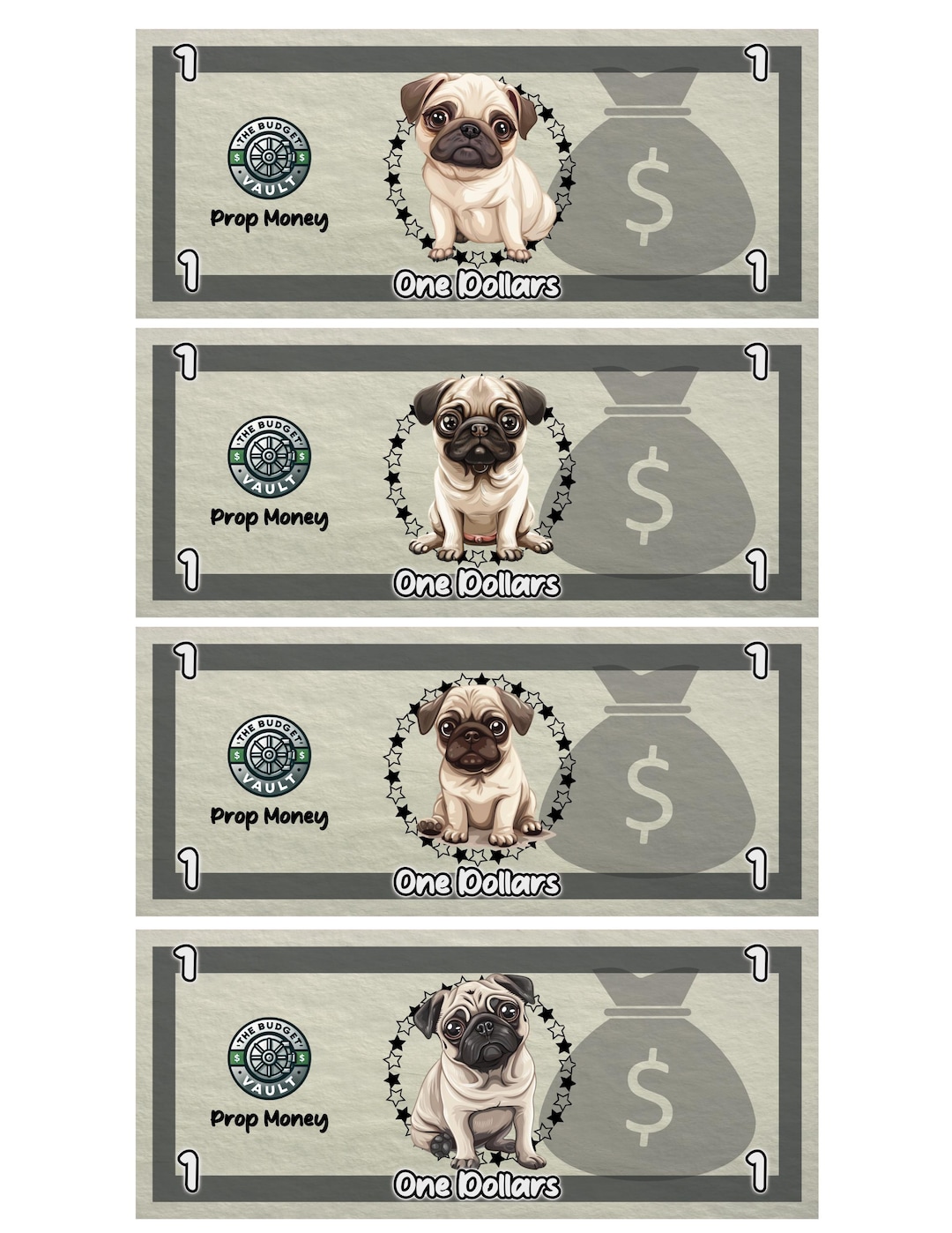 Pug Prop Money | Cash Stuffing Play Money Placeholder Cash | 0.25, 0.50 ...