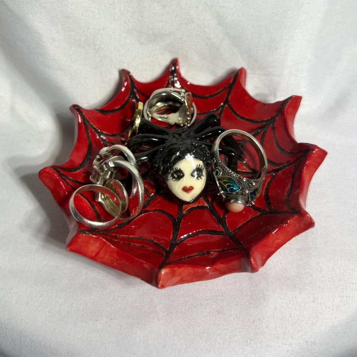 Spider Dish With Web Design | Trinket Dish, Ceramics Handmade, Ring ...