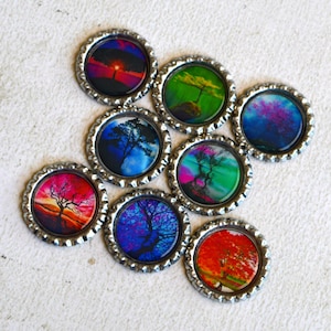 Tree Magnets- Colorful Tree Decor- Kitchen Magnets- 8 Tree Bottlecap ...