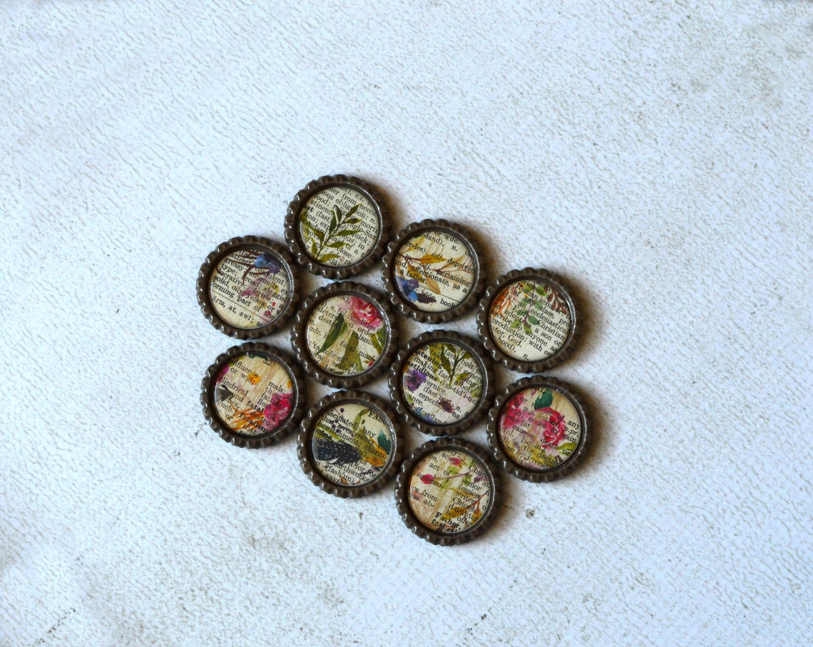 Book Page Bottlecap Magnets- Book Gift- Floral Book Page Decor- Library ...