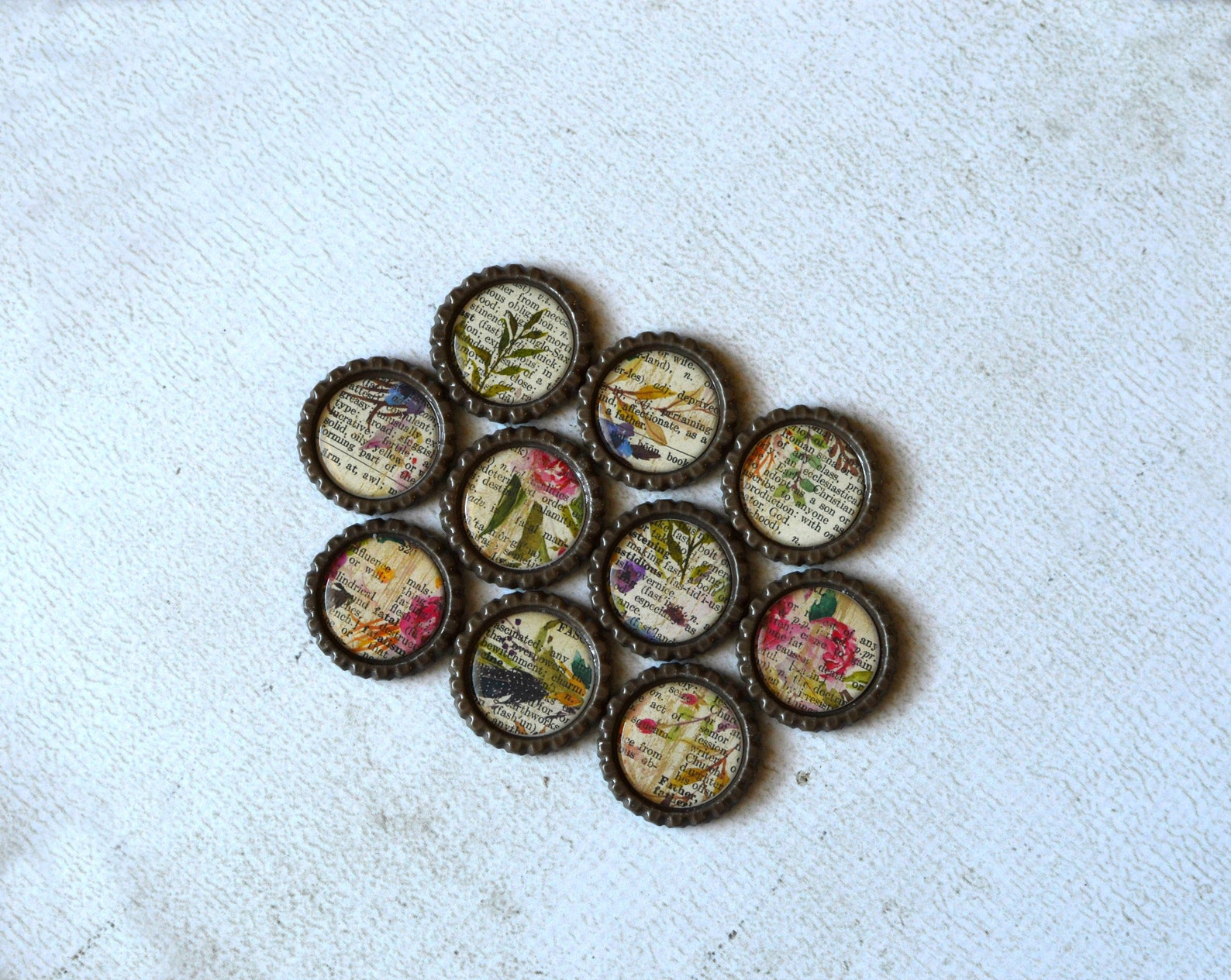 Book Page Bottlecap Magnets- Book Gift- Floral Book Page Decor- Library ...