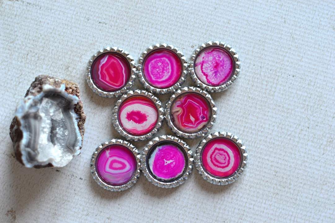 Pink Agate, Geode Rock Bottlecap Magnets- Agate, Geode Decor- Geology ...