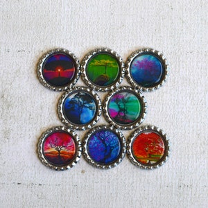 Tree Magnets- Colorful Tree Decor- Kitchen Magnets- 8 Tree Bottlecap ...