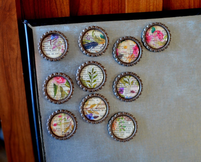 Book Page Bottlecap Magnets Book Gift Floral Book Page - Etsy