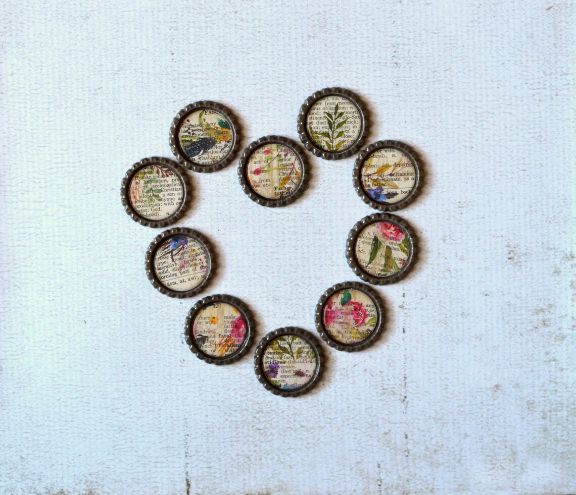 Book Page Bottlecap Magnets- Book Gift- Floral Book Page Decor- Library ...