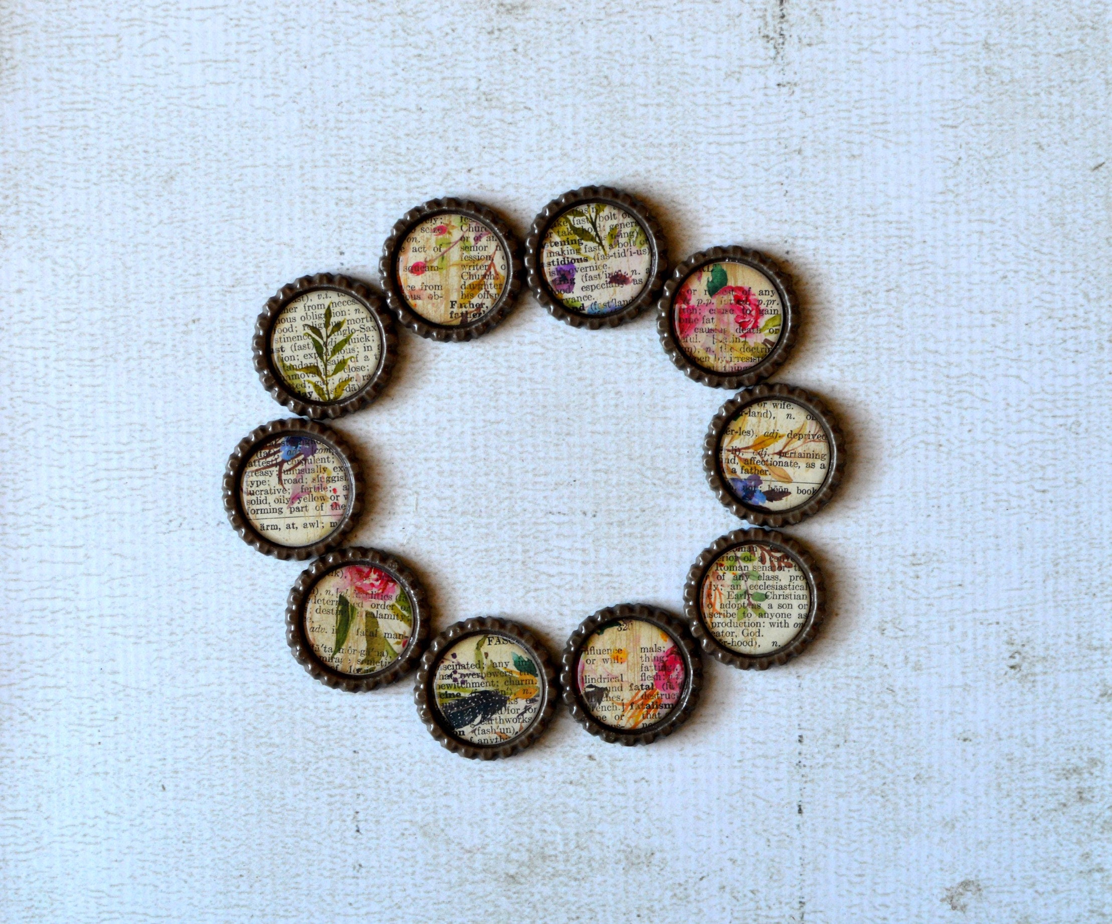 Book Page Bottlecap Magnets- Book Gift- Floral Book Page Decor- Library ...