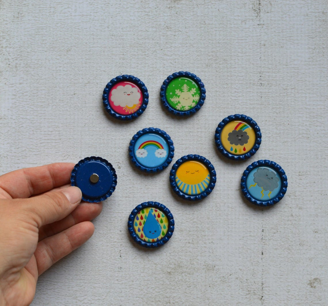 Weather Bottlecap Magnets- Learning Gift- Homeschool- Weather Seasons ...