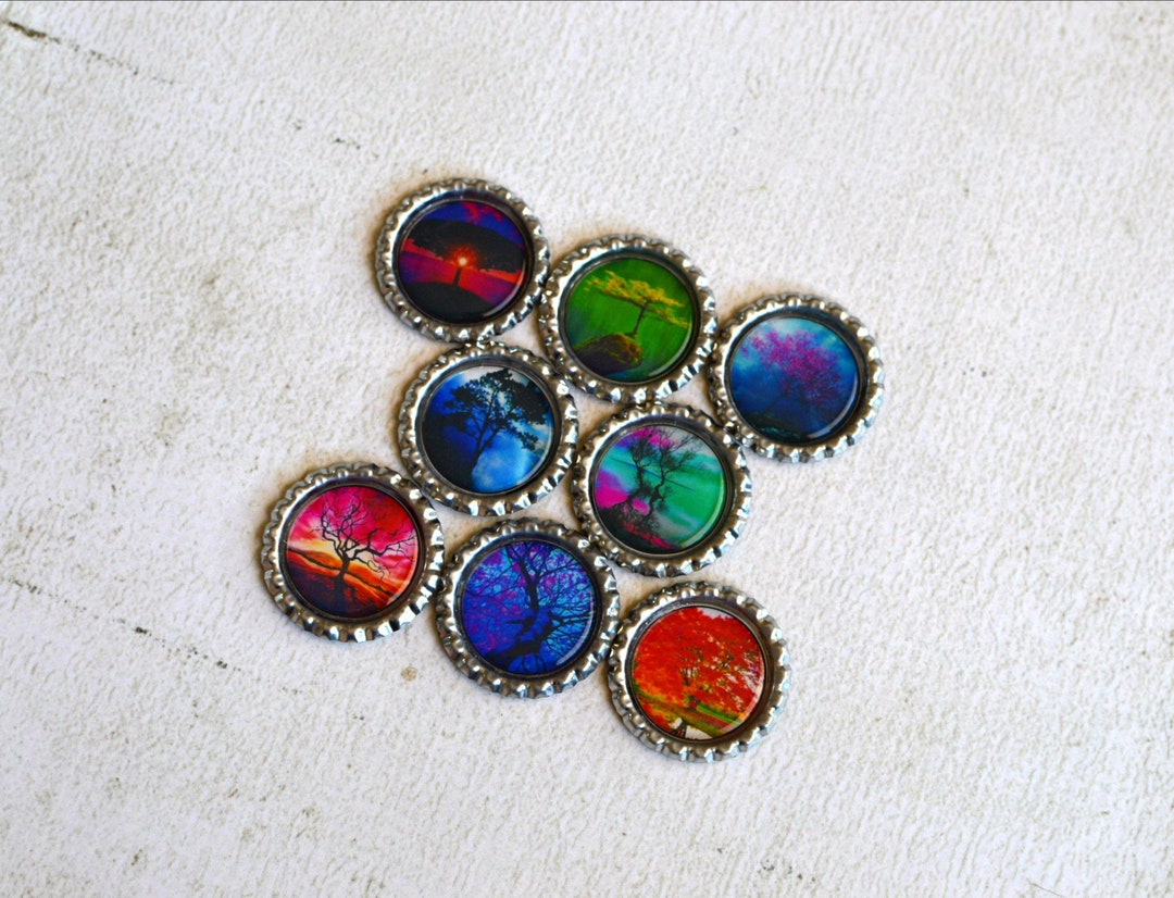 Tree Magnets- Colorful Tree Decor- Kitchen Magnets- 8 Tree Bottlecap ...