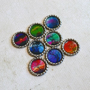 Tree Magnets- Colorful Tree Decor- Kitchen Magnets- 8 Tree Bottlecap ...