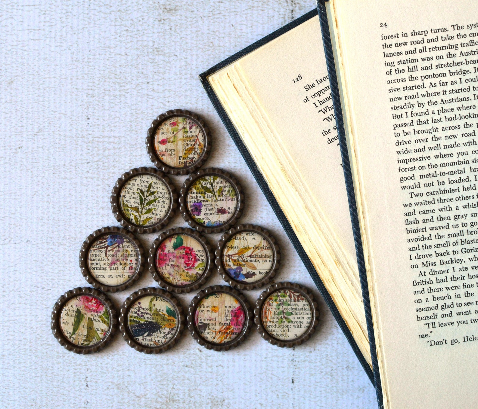 Book Page Bottlecap Magnets Book Gift Floral Book Page | Etsy