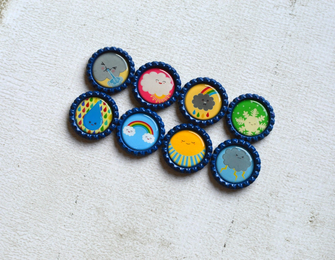Weather Bottlecap Magnets- Learning Gift- Homeschool- Weather Seasons ...