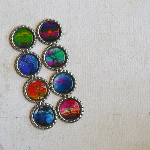 Tree Magnets- Colorful Tree Decor- Kitchen Magnets- 8 Tree Bottlecap ...