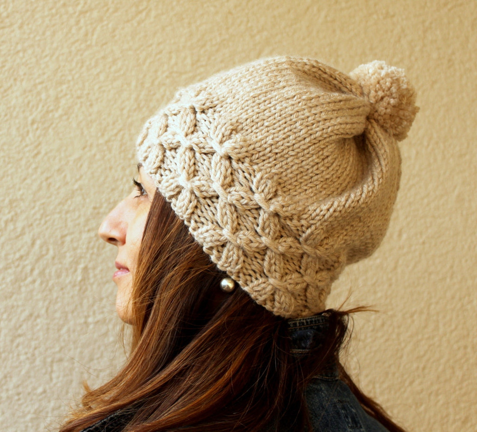 Women Knit Hat, Pom Pom Hat, Hand Knitted Hat, Autumn Slouchy Beret ...