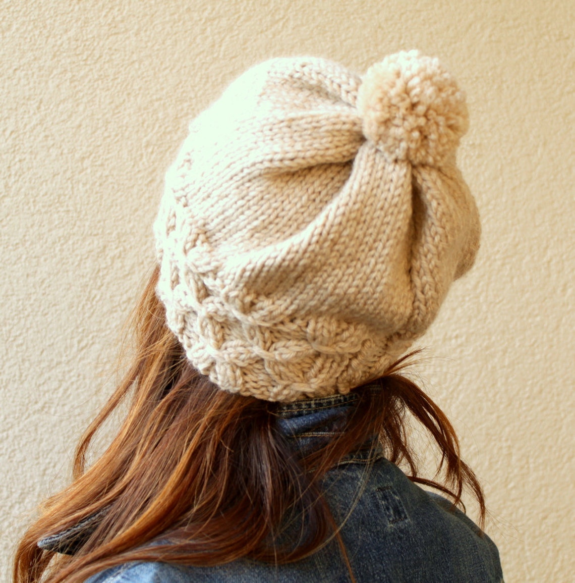 Winter Knit Hat, Pom Pom Hat, Hand Knitted Hat, Autumn Slouchy Beret ...