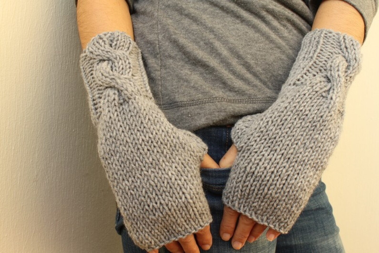 Light Grey Fingerless Gloves, Warm Gloves, Cable Knitted Fingerless ...