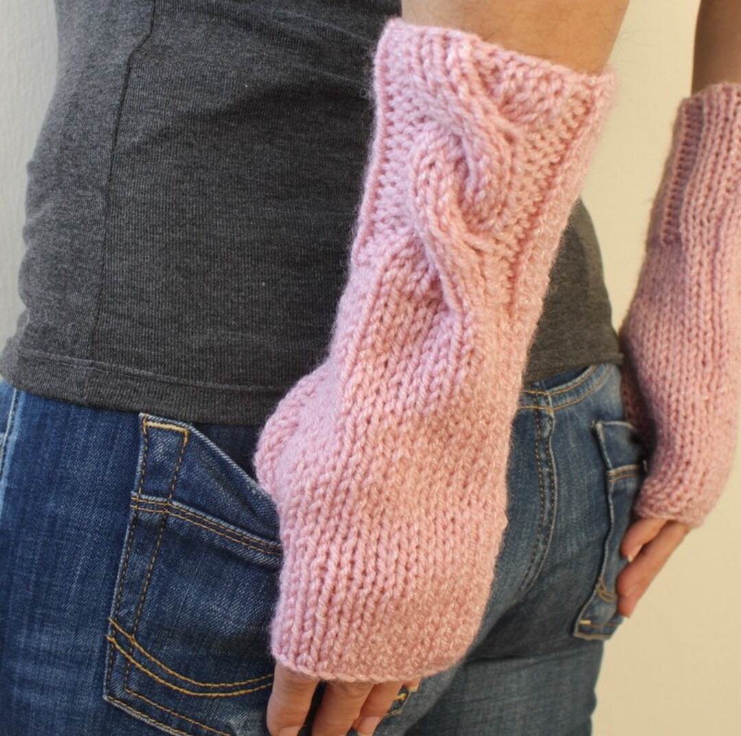 Pink Fingerless Gloves, Women Hand Knitted Cable Mitten, Sugar Pink ...