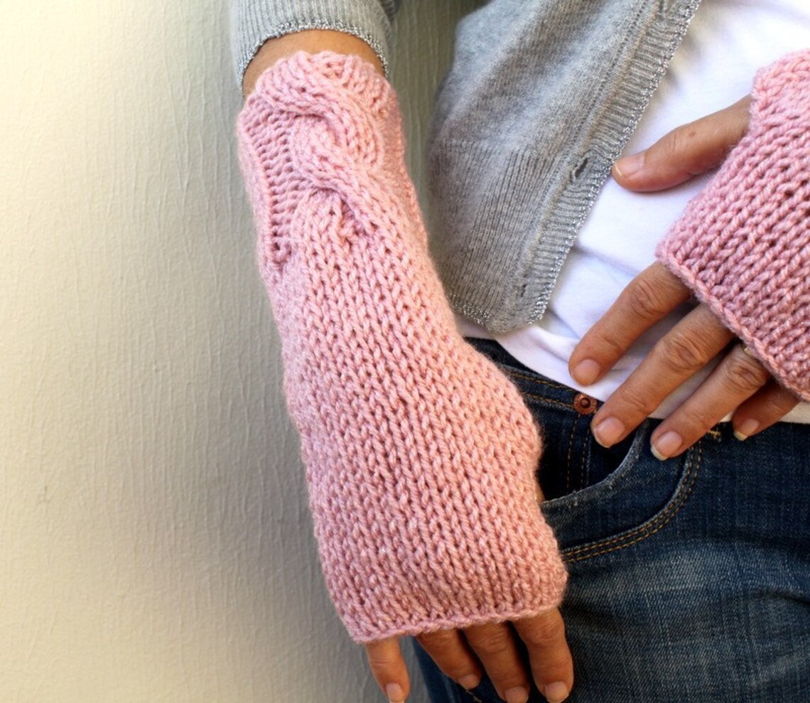 Pink Fingerless Gloves Women Hand Knitted Cable Mitten Sugar - Etsy