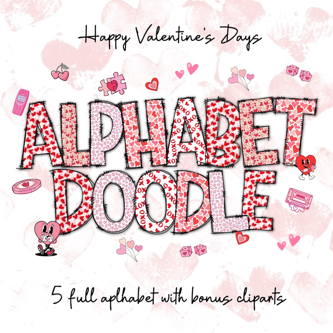 Valentine Alpha Doodle Set Png Bundle, Valentine Brushstroke ABC ...