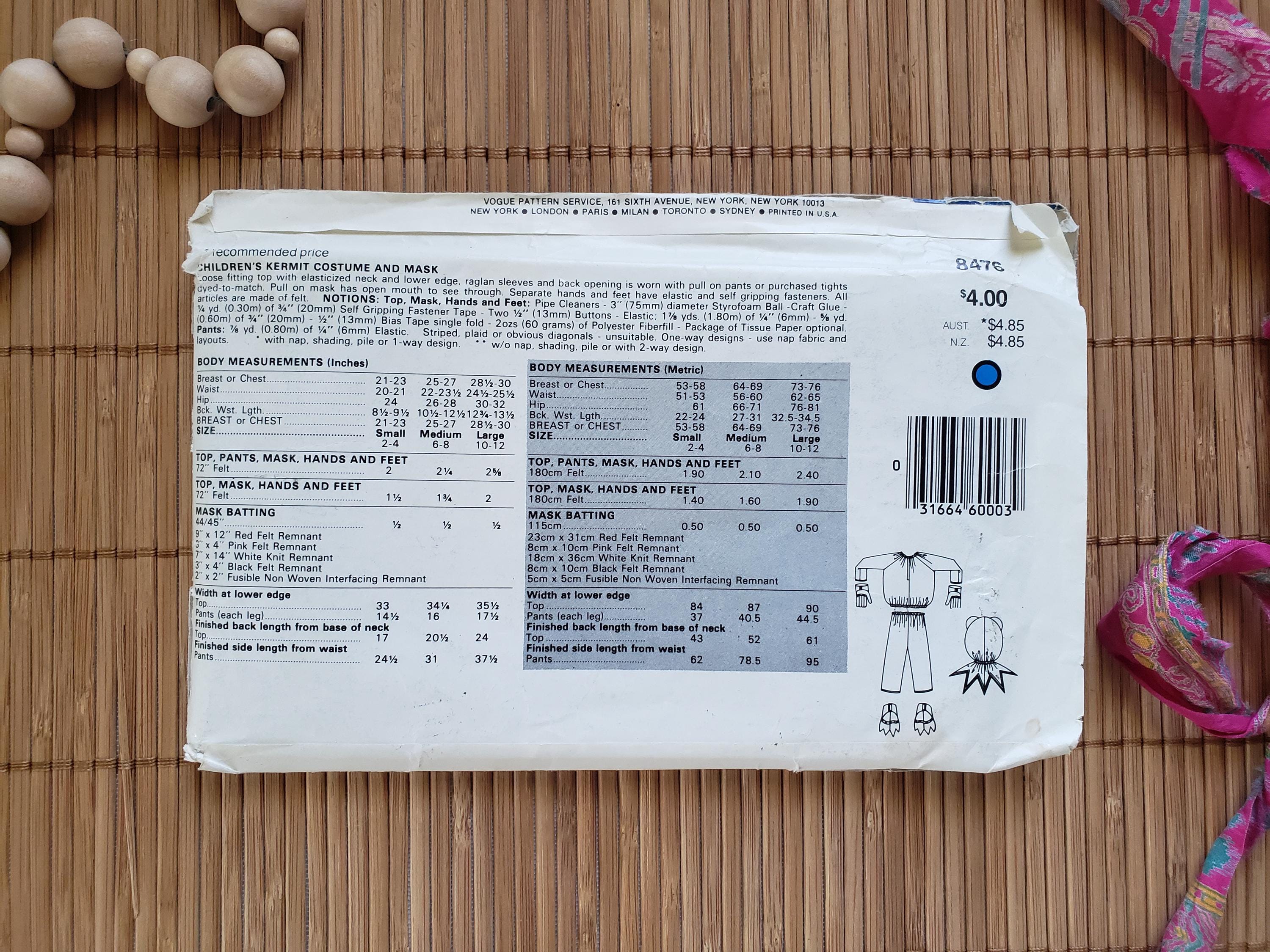 Vintage Vogue Sewing Pattern 8764 Uncut Unused All Sizes Muppets Kermit ...