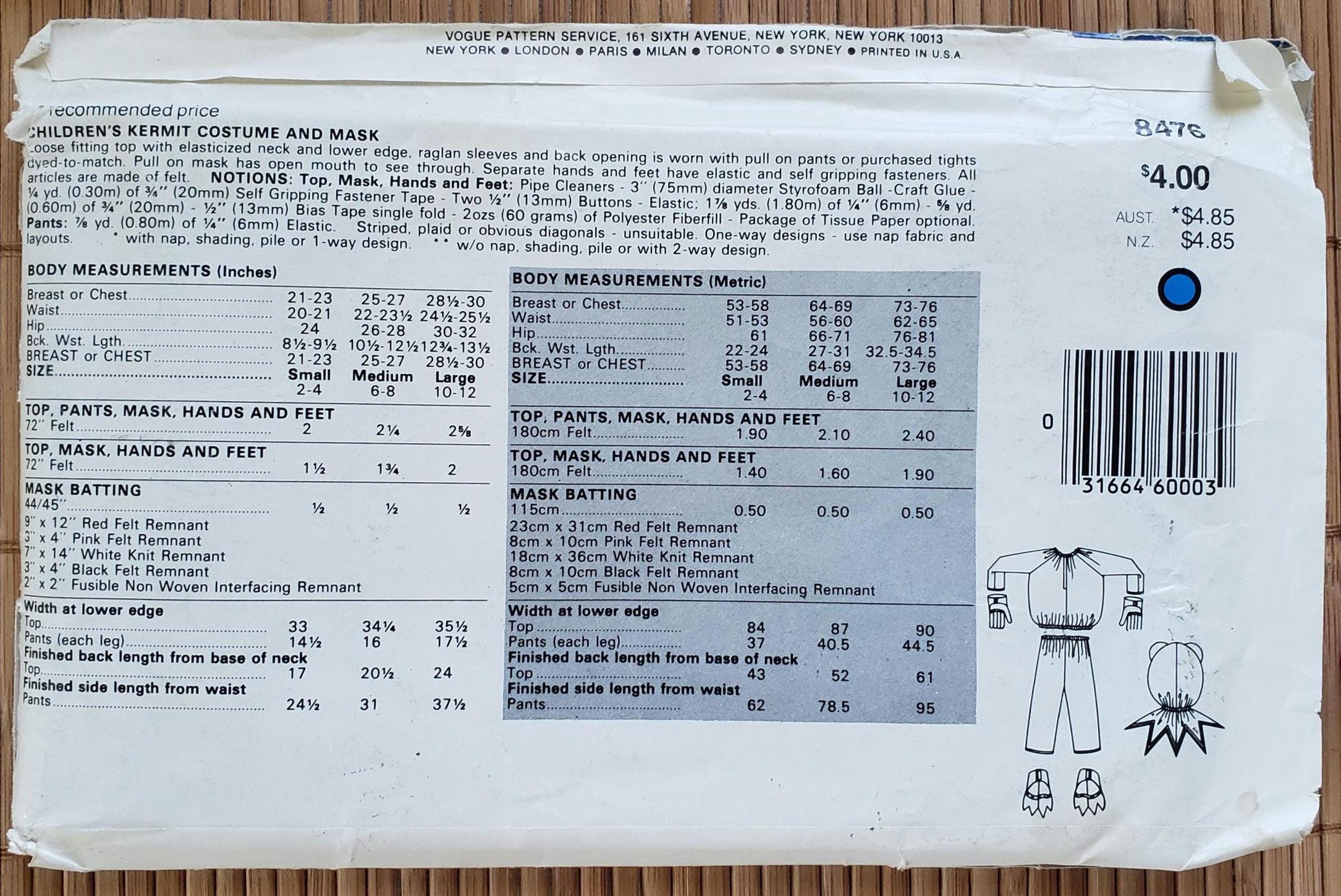 Vintage Vogue Sewing Pattern 8764 Uncut Unused All Sizes Muppets Kermit ...