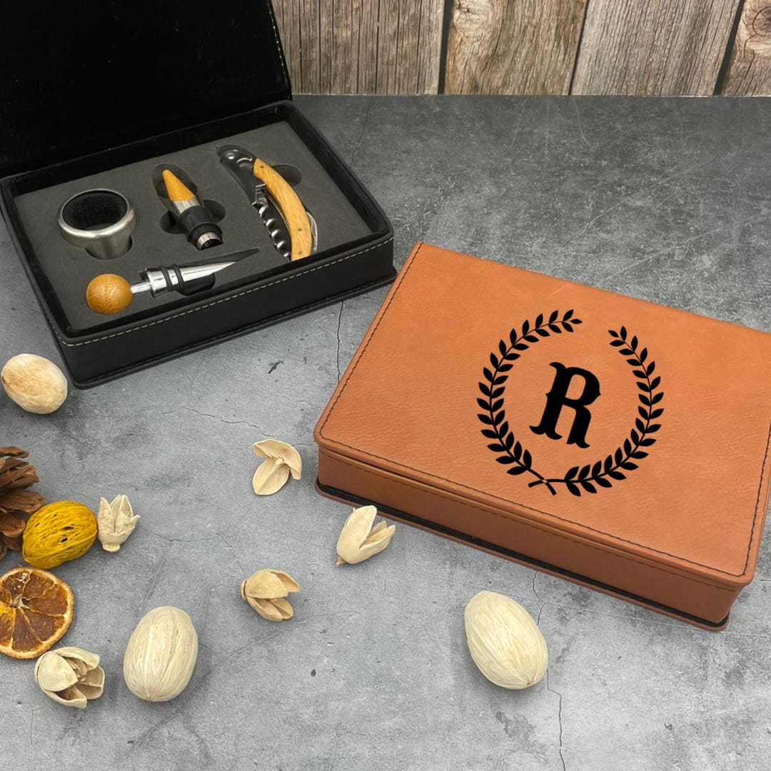 Personalized Leather Wine Tool Set, Custom Leather Wine Decanter Set ...