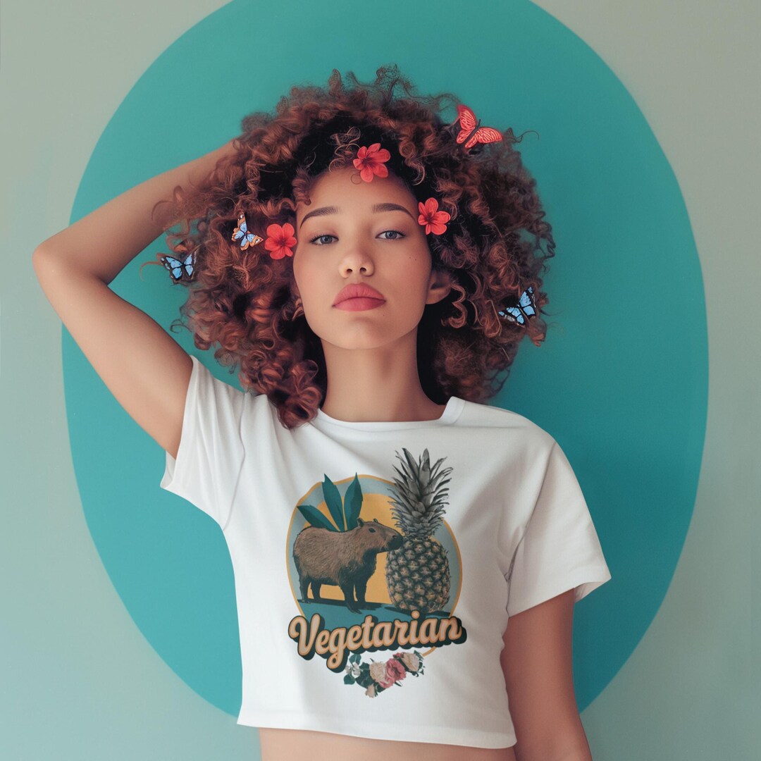 Capybara Animal and Pineapple Fruit Graphic Vegan Crop Top Shirt ...