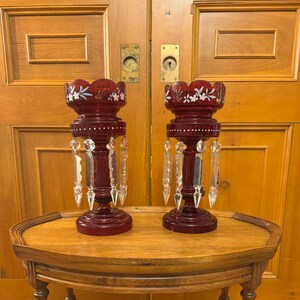 Antique Pair of Victorian Ruby Red Glass 13” High Mantle Lustres ...