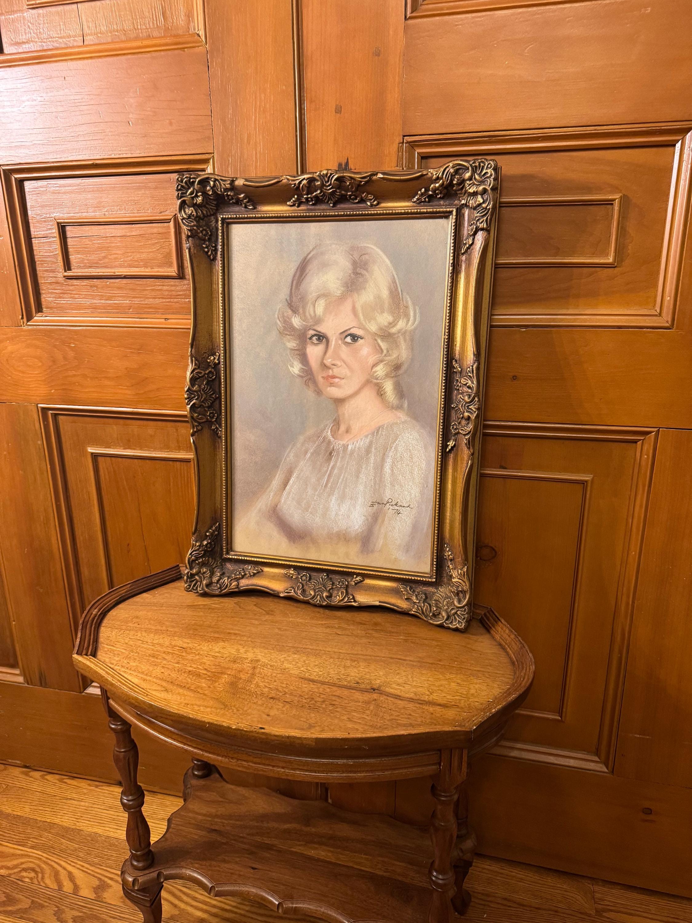 Vintage Circa 1974 Pastel / Drawing Portrait Under Glass in an Ornate ...