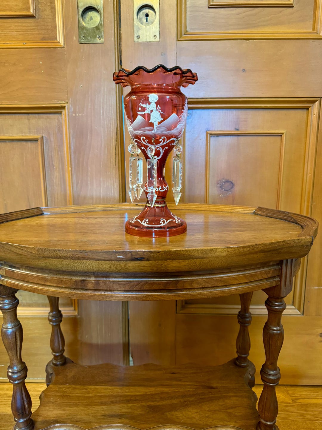 Antique 10 Tall Mary Gregory Cranberry Glass Ruffle Hem Mantle Lustre ...