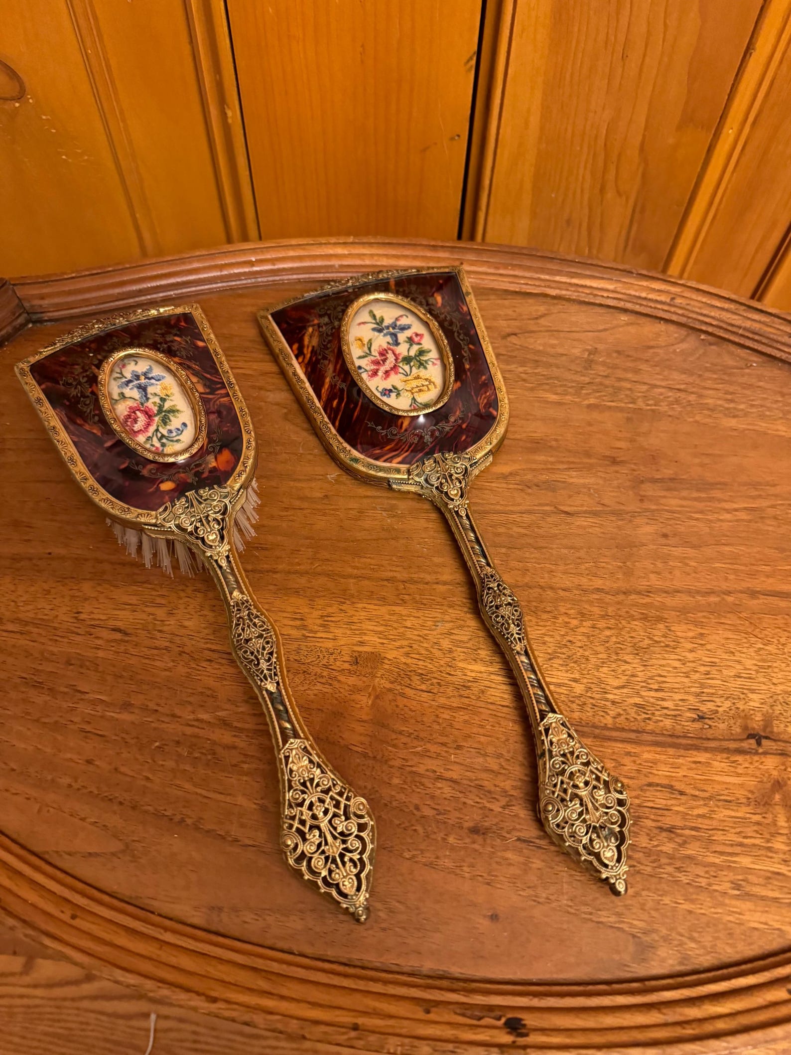 Vintage Ornate Filigree Vanity Mirror and Vanity Brush Faux Turtoise ...