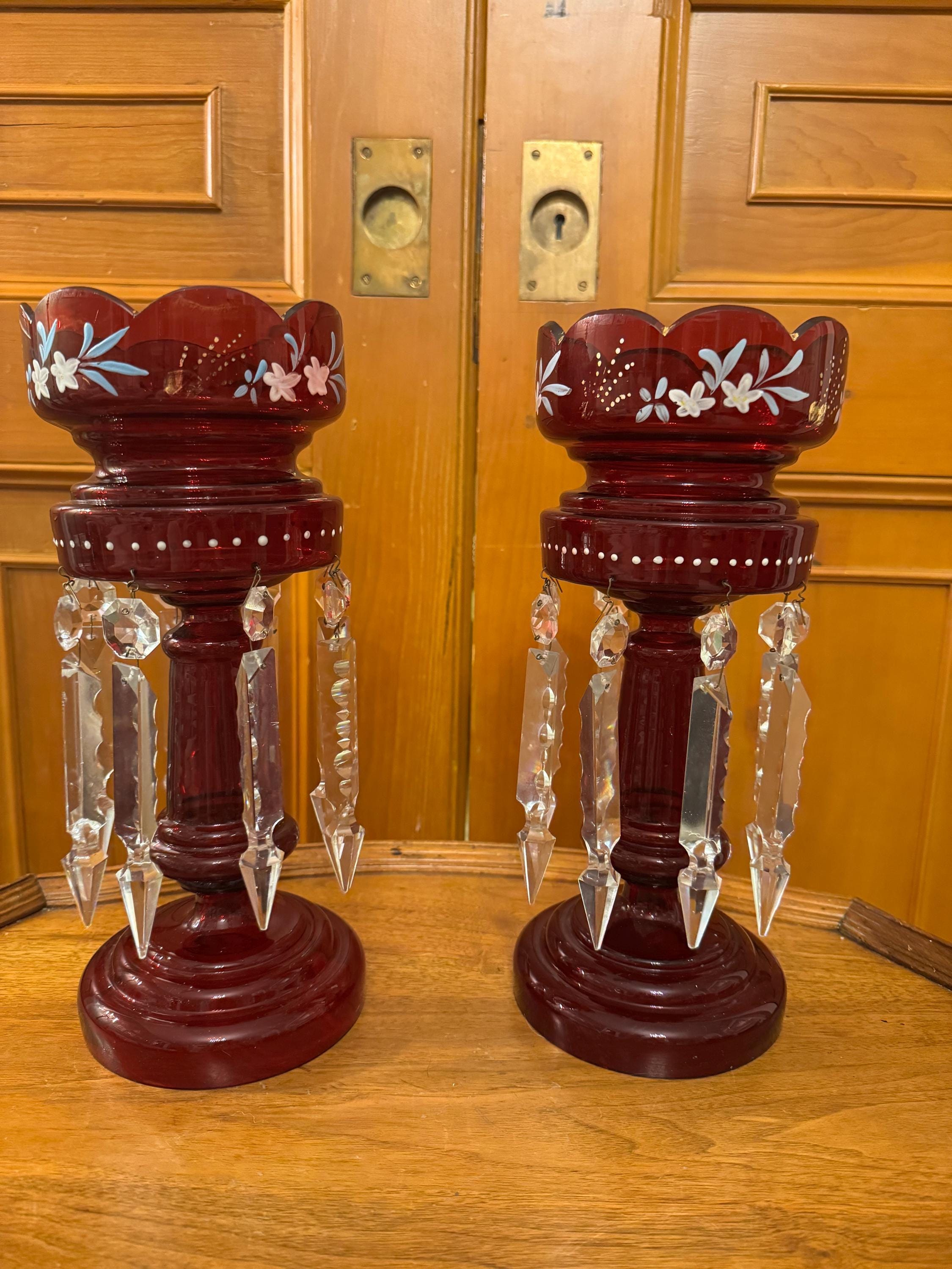 Antique Pair of Victorian Ruby Red Glass 13” High Mantle Lustres ...