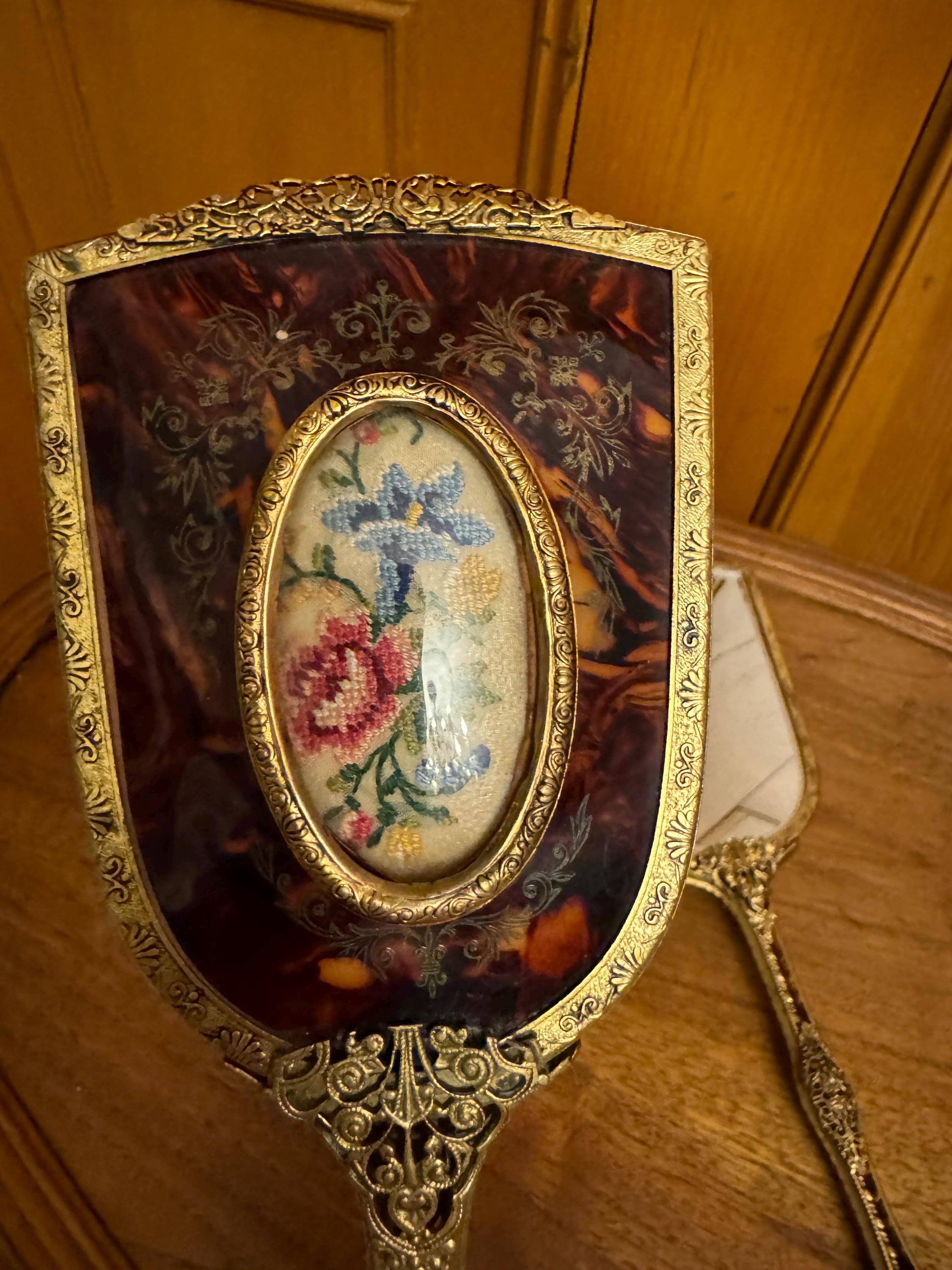 Vintage Ornate Filigree Vanity Mirror and Vanity Brush Faux Turtoise ...