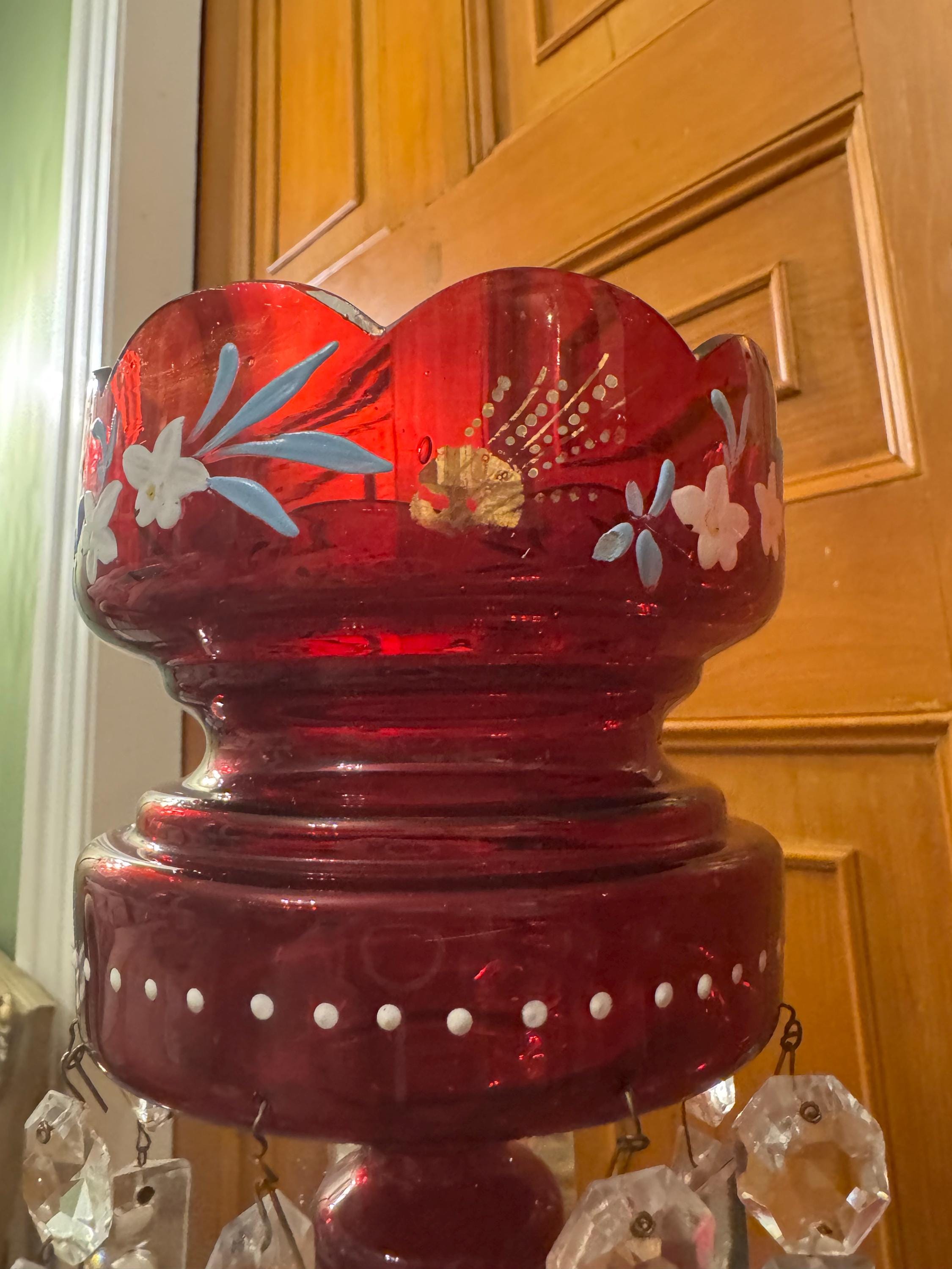 Antique Pair of Victorian Ruby Red Glass 13” High Mantle Lustres ...