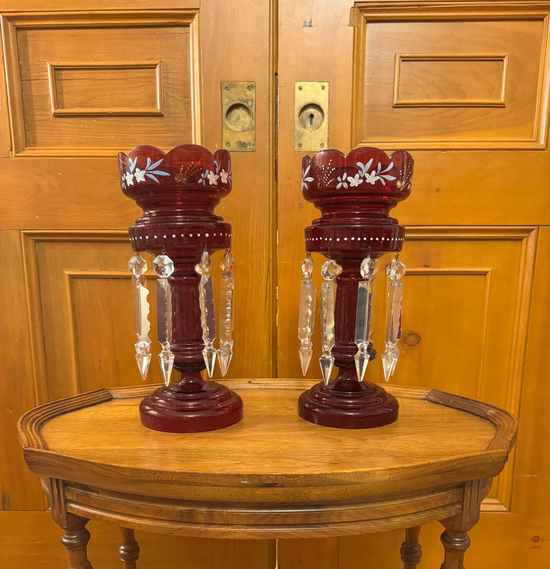 Antique Pair of Victorian Ruby Red Glass 13” High Mantle Lustres ...