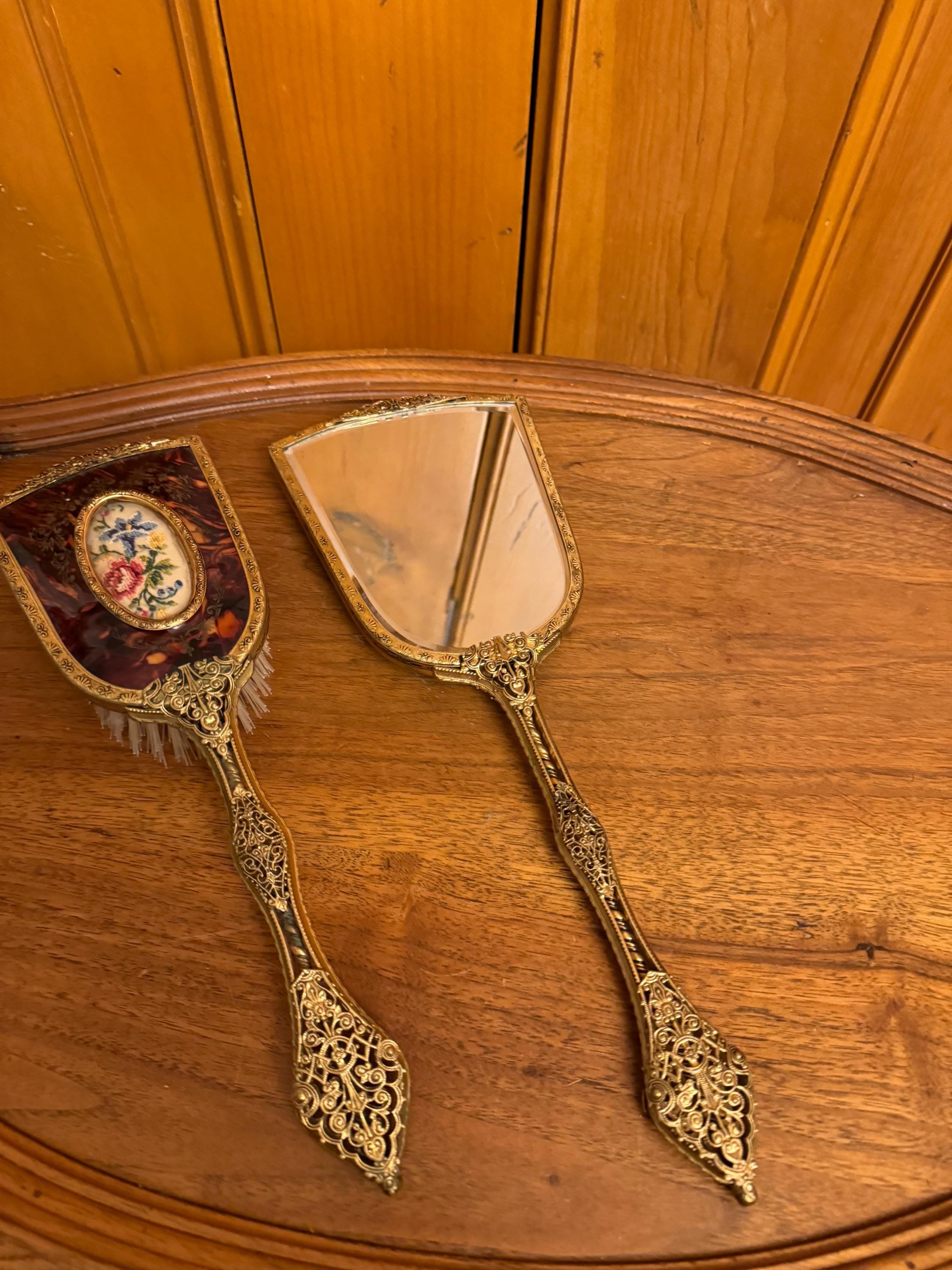 Vintage Ornate Filigree Vanity Mirror and Vanity Brush Faux Turtoise ...