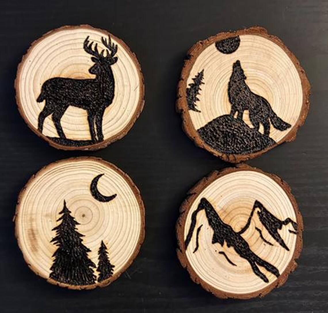 4 Set Wildlife Wood Burned Coasters - Etsy