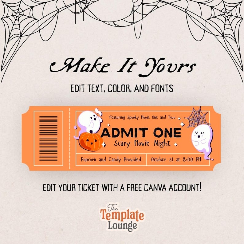 Printable Cute Spooky Movie Night Ticket | Halloween Party Invitation ...