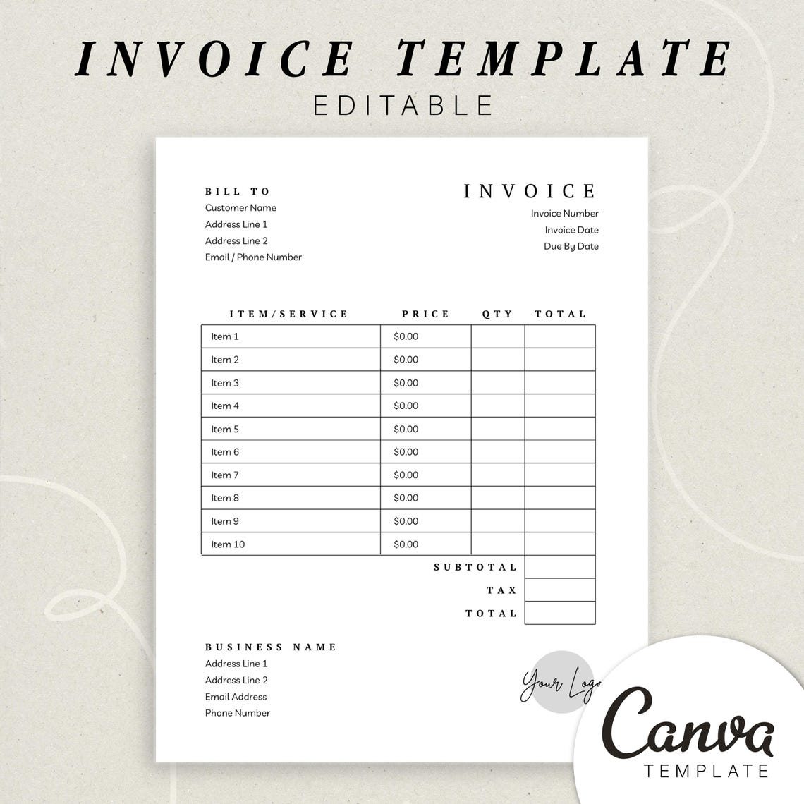 Editable Invoice Template for Small Business | Billing Template | Small ...
